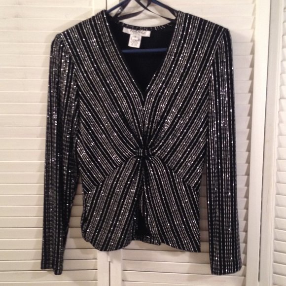 Patra | Tops | Patra Petite S Black Silver Metallic Stretchy Pinched ...